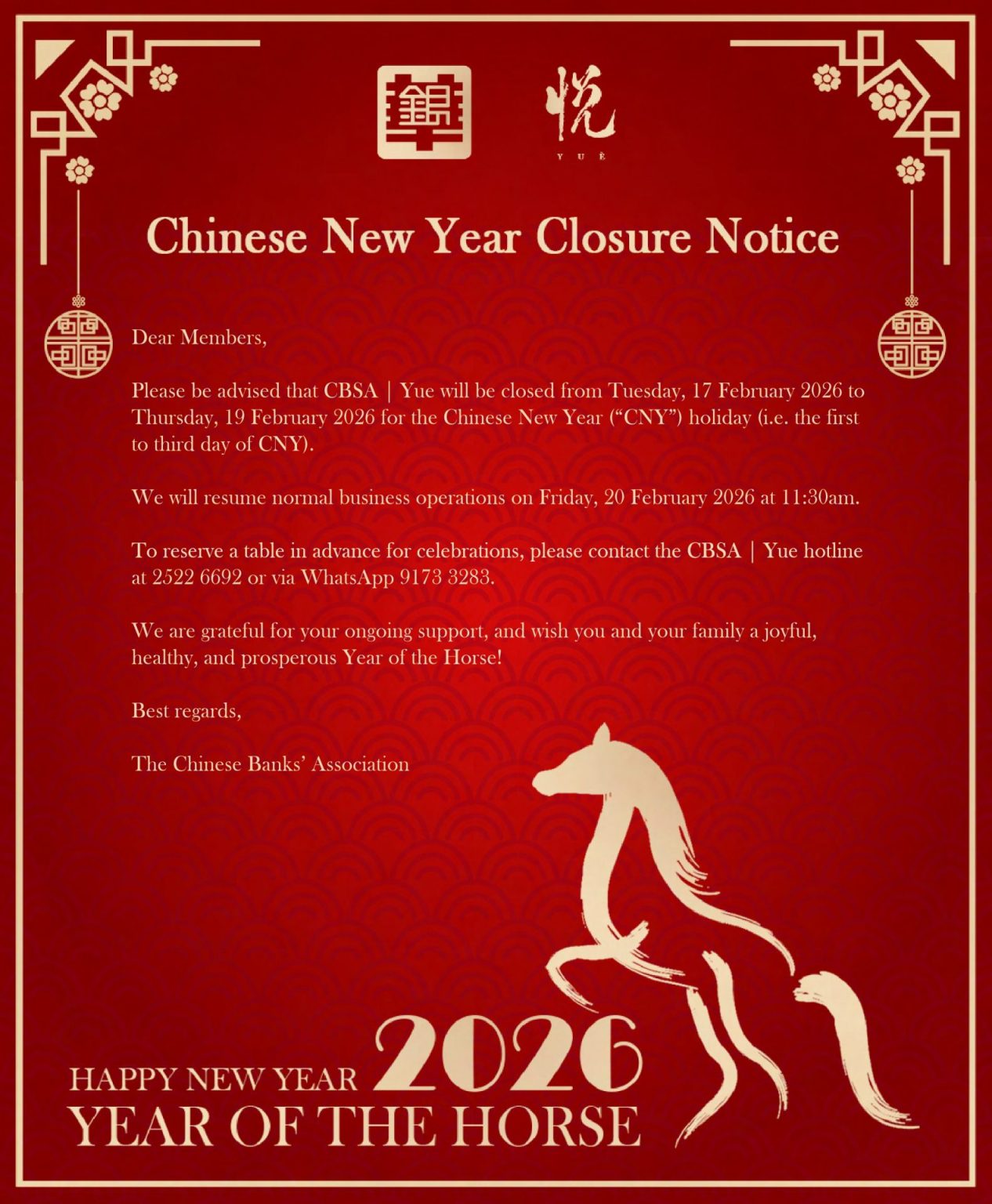 Chinese New Year Closure Notice - The Chinese Bank's Association